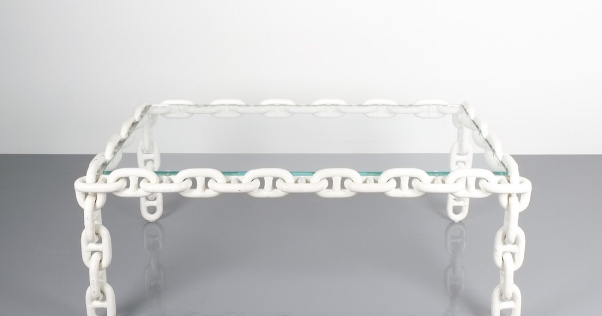 Chain Link Coffee Table Iron White Enameled Large, Belgium 1970 – DERIVE