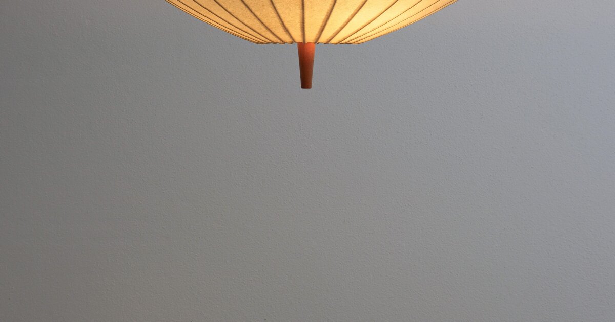 Midcentury Resin Cocoon Flush Mount, Beech Wood Stem, Italy 1960 – DERIVE